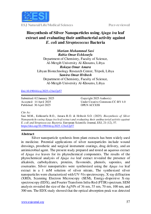 (PDF) Biosynthesis of Silver Nanoparticles using Ajuga iva leaf extract and evaluating their ...