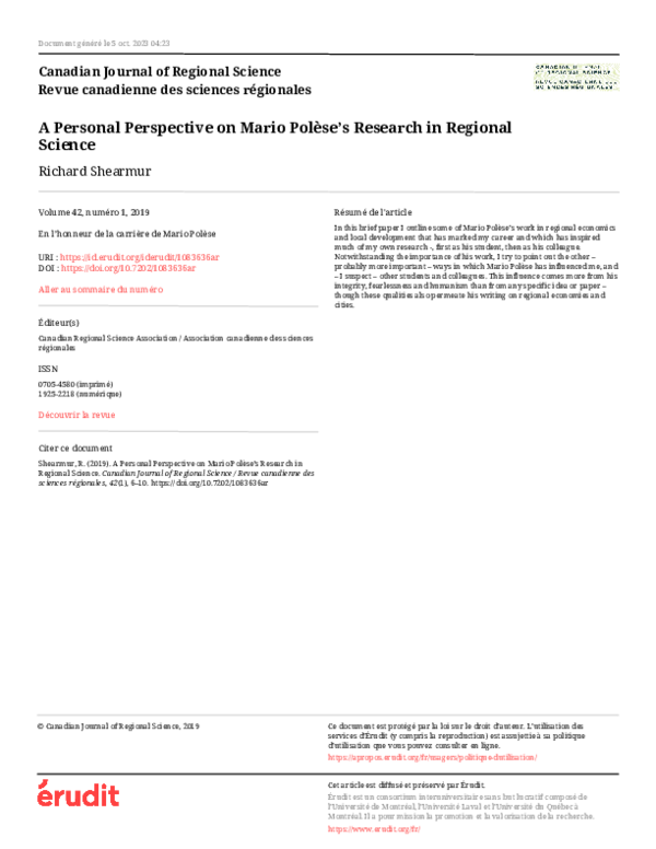 (PDF) A Personal Perspective on Mario Polèse’s Research in Regional Science