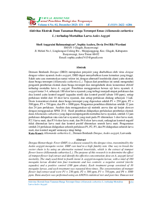 (PDF) Aktivitas Ekstrak Daun Tanaman Bunga Terompet Emas (Allamanda cathartica L.) terhadap ...
