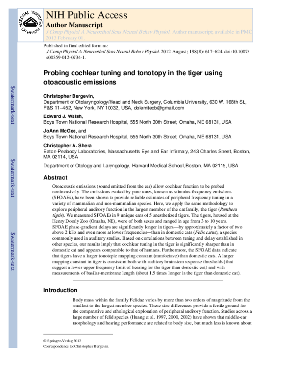 (PDF) Probing cochlear tuning and tonotopy in the tiger using ...