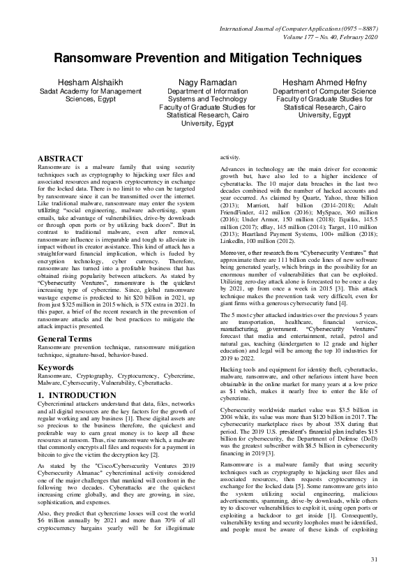 (PDF) Ransomware Prevention and Mitigation Techniques