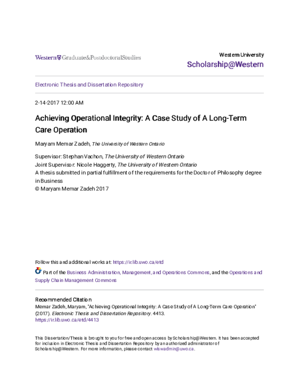 (PDF) Achieving Operational Integrity: A Case Study of A Long-Term Care Operation