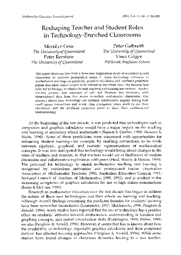 (PDF) Reshaping teacher and student roles in technology-enriched classrooms