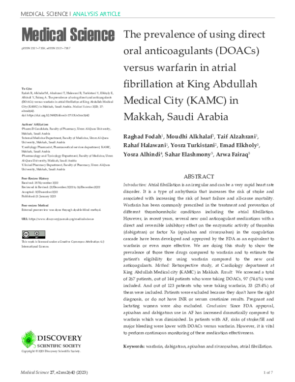 (PDF) The prevalence of using direct oral anticoagulants (DOACs) versus ...
