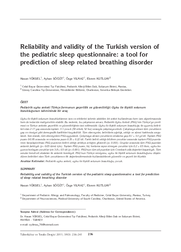 (PDF) Reliability and validity of the Turkish version of the pediatric ...