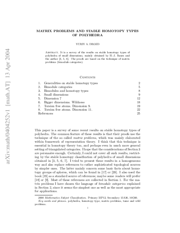 (PDF) Matrix problems and stable homotopy types of polyhedra