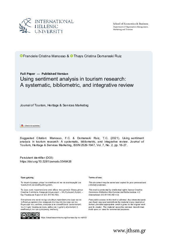(PDF) Using sentiment analysis in tourism research: A systematic, bibliometric, and integrative ...
