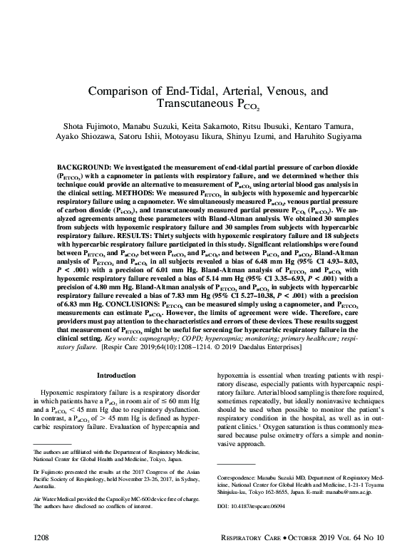 (PDF) Comparison of End-Tidal, Arterial, Venous, and Transcutaneous PCO2
