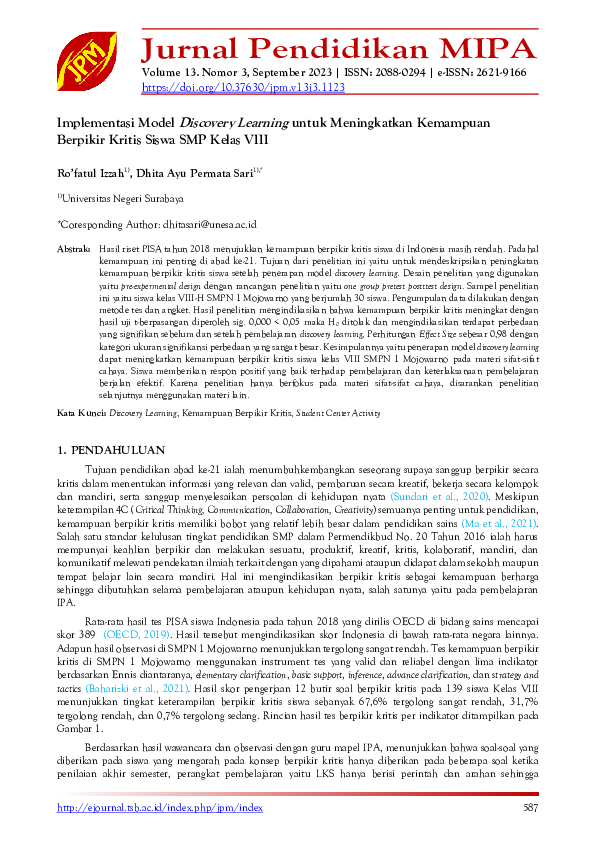 (PDF) Implementasi Model Discovery Learning untuk Meningkatkan Kemampuan Berpikir Kritis Siswa ...