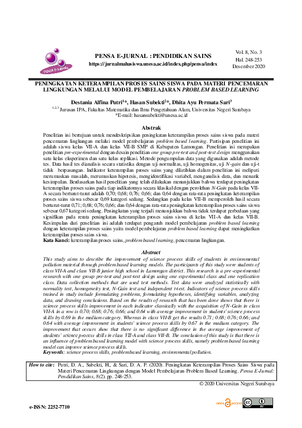 (PDF) Peningkatan Keterampilan Proses Sains Siswa Pada Materi Pencemaran Lingkungan Melalui ...