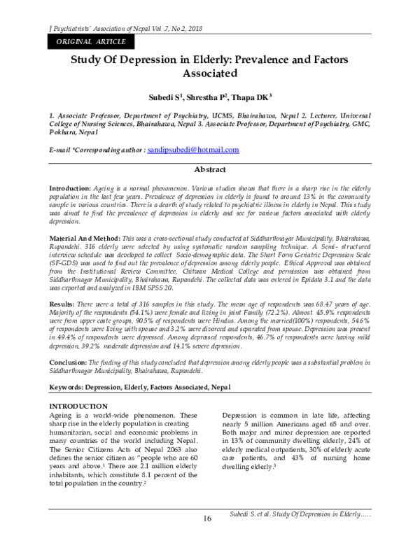 (PDF) Study Of Depression in Elderly: Prevalence and Factors Associated