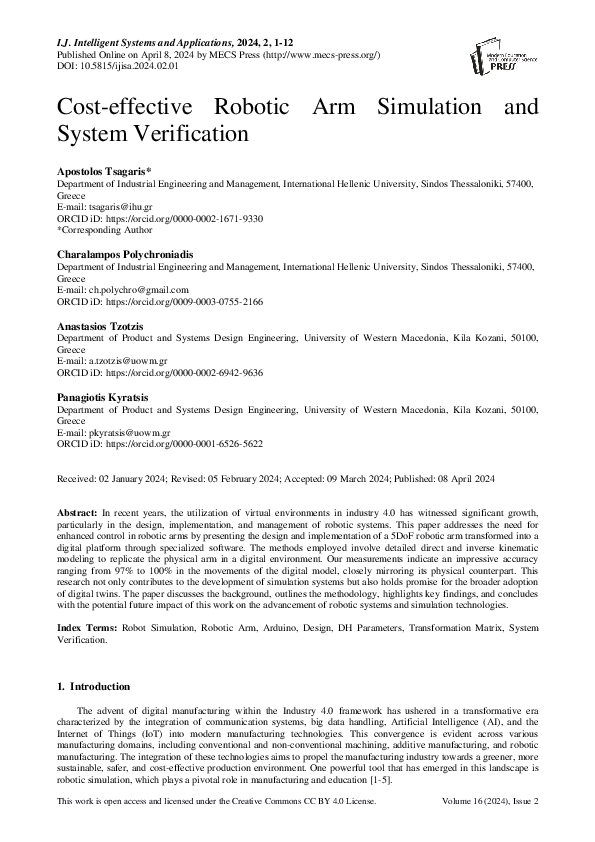 (PDF) Cost-effective Robotic Arm Simulation and System Verification