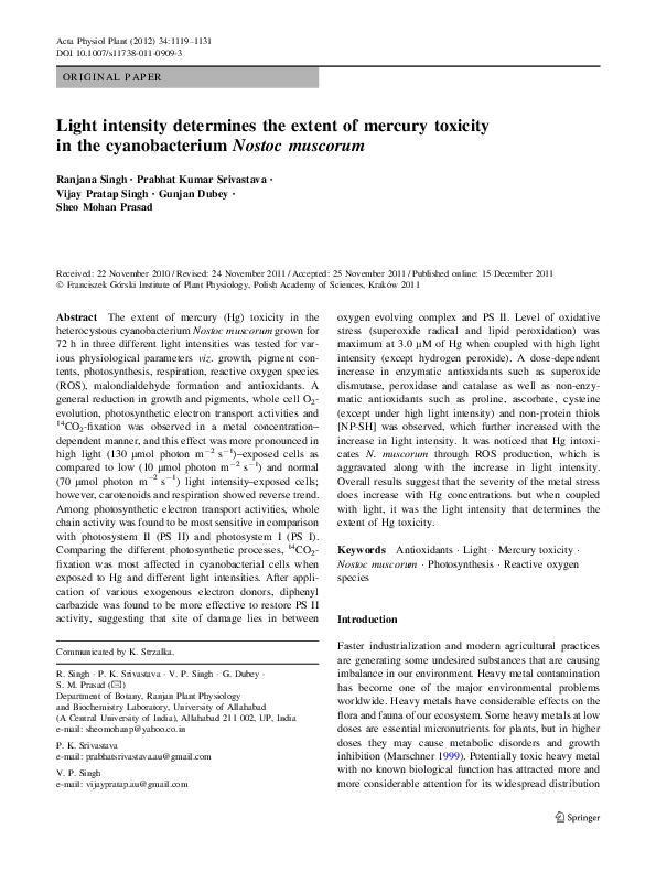 (PDF) Light intensity determines the extent of mercury toxicity in the ...