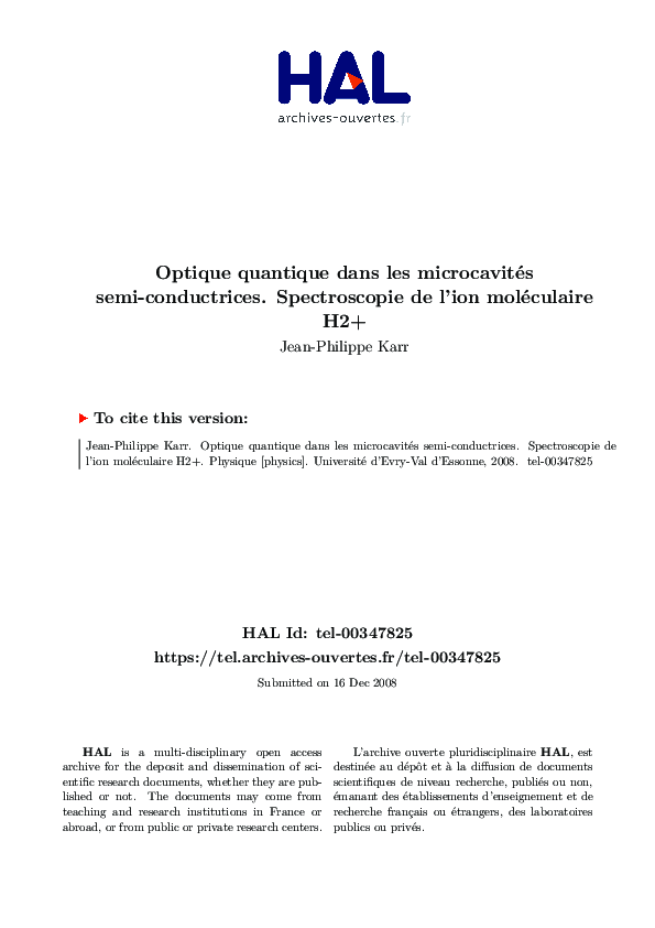 (PDF) Optique quantique dans les microcavités semi-conductrices. Spectroscopie de l'ion ...
