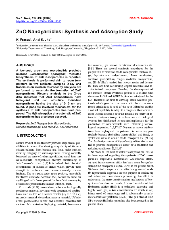 (PDF) ZnO Nanoparticles: Synthesis and Adsorption Study