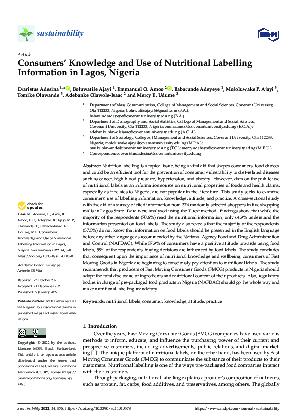 (PDF) Consumers’ Knowledge and Use of Nutritional Labelling Information ...
