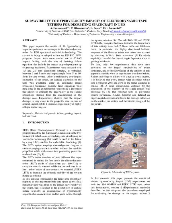(PDF) Survavibility to Hypervelocity Impacts of Electrodynamic Tape ...