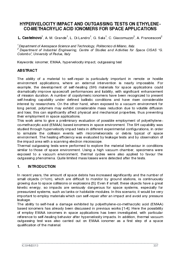 (PDF) Hypervelocity impact and outgassing tests on ethylene-co ...