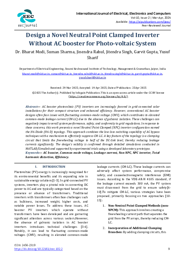 (PDF) Design a Novel Neutral Point Clamped Inverter Without AC booster for Photo-voltaic System