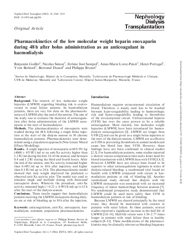 (PDF) Pharmacokinetics of the low molecular weight heparin enoxaparin during 48 h after bolus ...