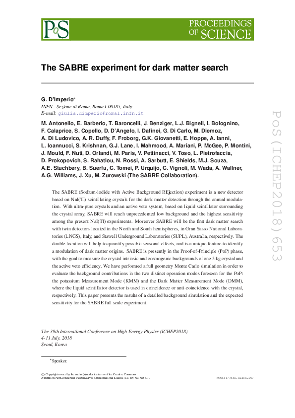 (PDF) The SABRE experiment for dark matter search