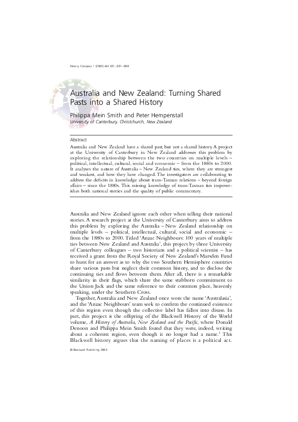 (PDF) Australia and New Zealand: Turning Shared Pasts into a Shared History