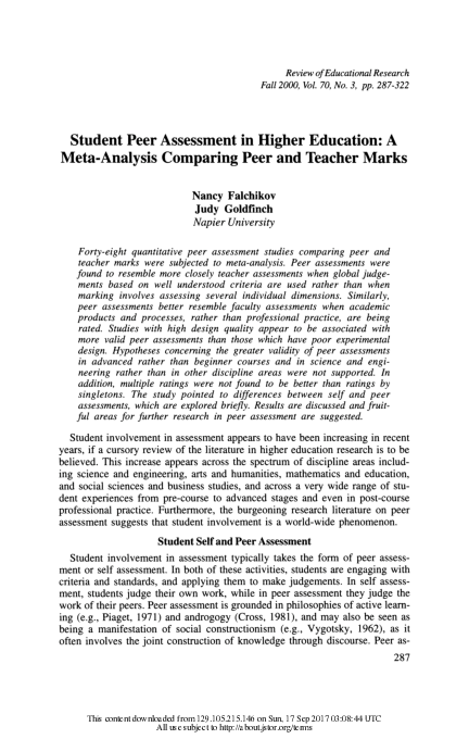 (PDF) Student Peer Assessment in Higher Education: A Meta-Analysis Comparing Peer and Teacher Marks