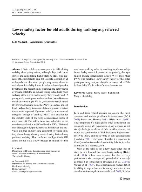 (PDF) Lower safety factor for old adults during walking at preferred ...