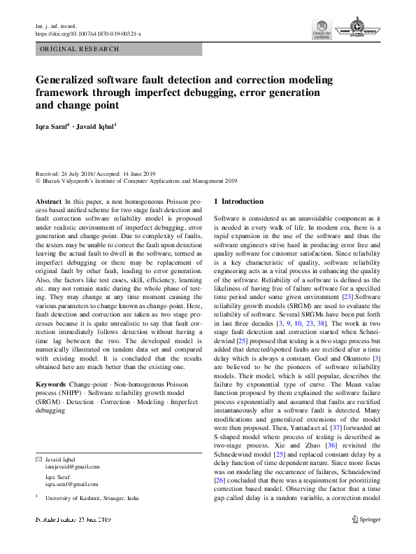 (PDF) Generalized software fault detection and correction modeling framework through imperfect ...