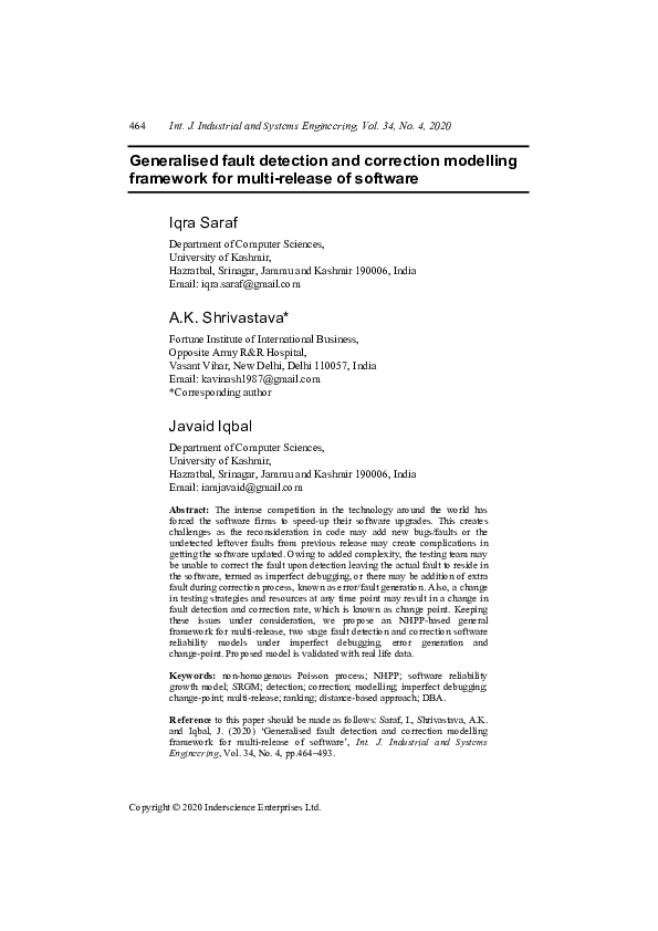 (PDF) Generalised fault detection and correction modelling framework for multi-release of software