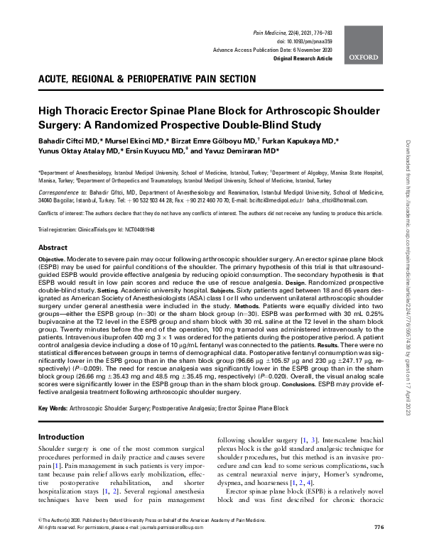 (PDF) High Thoracic Erector Spinae Plane Block for Arthroscopic ...
