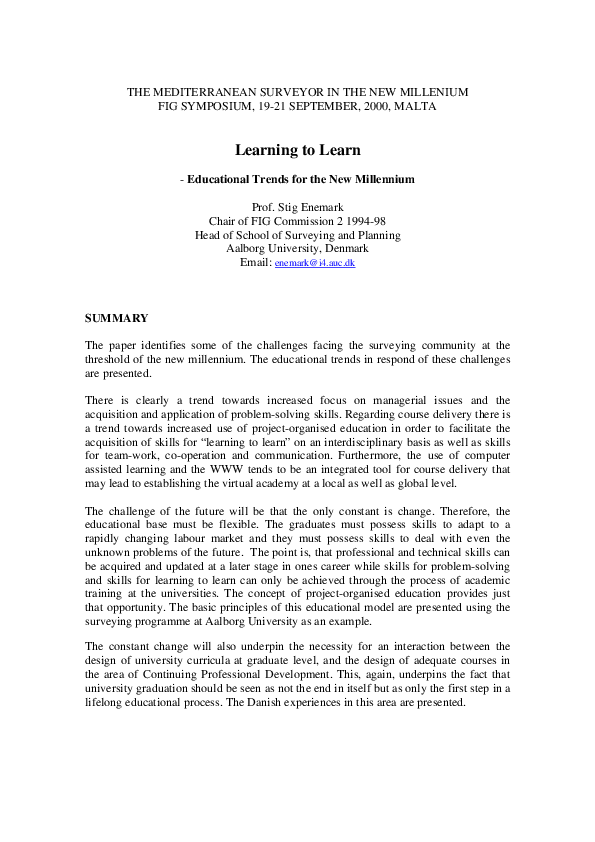 (PDF) Learning to Learn - Educational Trends for the New Millennium