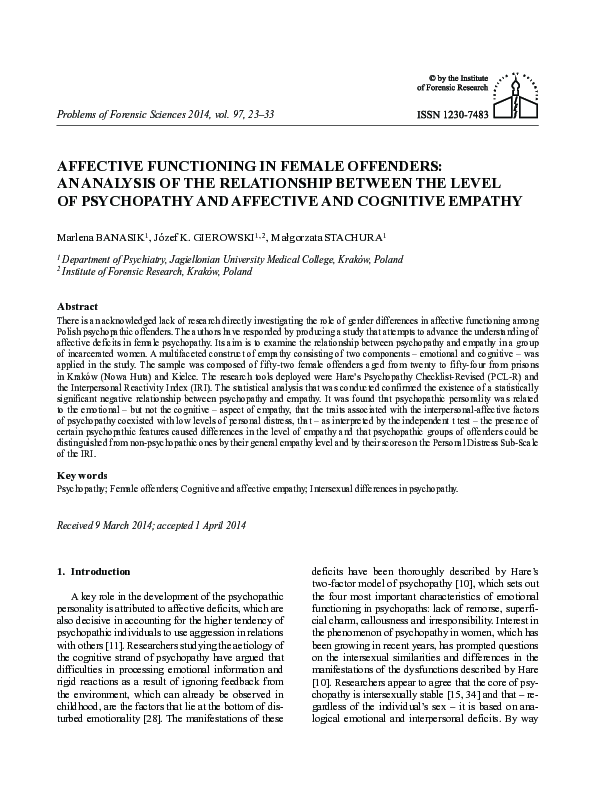 (PDF) Affective functioning in femAle offenders: An AnAlysis of the ...