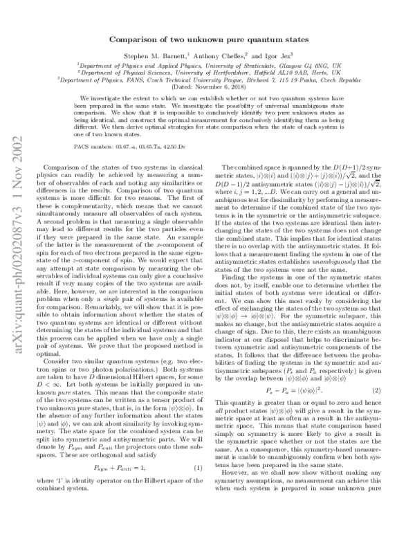 (PDF) Comparison of two unknown pure quantum states