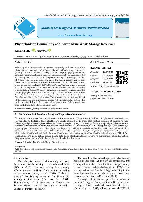 (PDF) Phytoplankton Community of a Boron Mine Waste Storage Reservoir