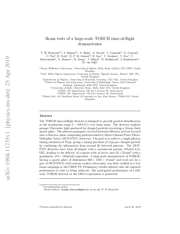 (PDF) Beam tests of a large-scale TORCH time-of-flight demonstrator