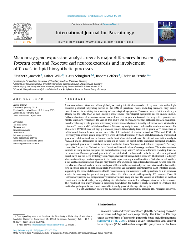(PDF) Microarray gene expression analysis reveals major differences between Toxocara canis and ...