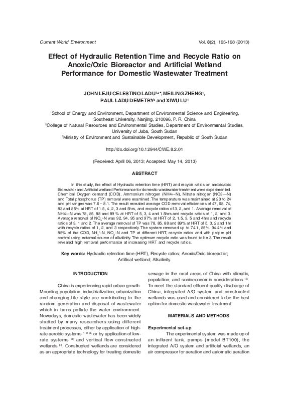 (PDF) Effect of Hydraulic Retention Time and Recycle Ratio on Anoxic ...