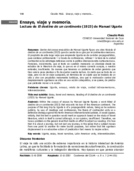 (PDF) Ensayo, viaje y memoria. Lectura de El destino de un continente ...