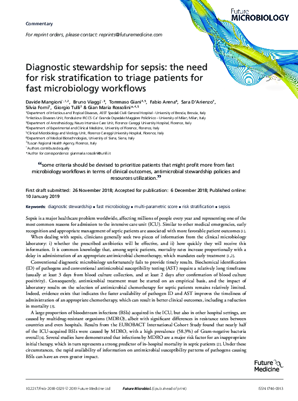 (PDF) Diagnostic stewardship for sepsis: the need for risk ...