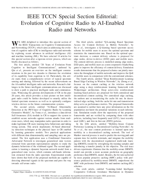 (PDF) IEEE TCCN Special Section Editorial: Evolution of Cognitive Radio to AI-Enabled Radio and ...