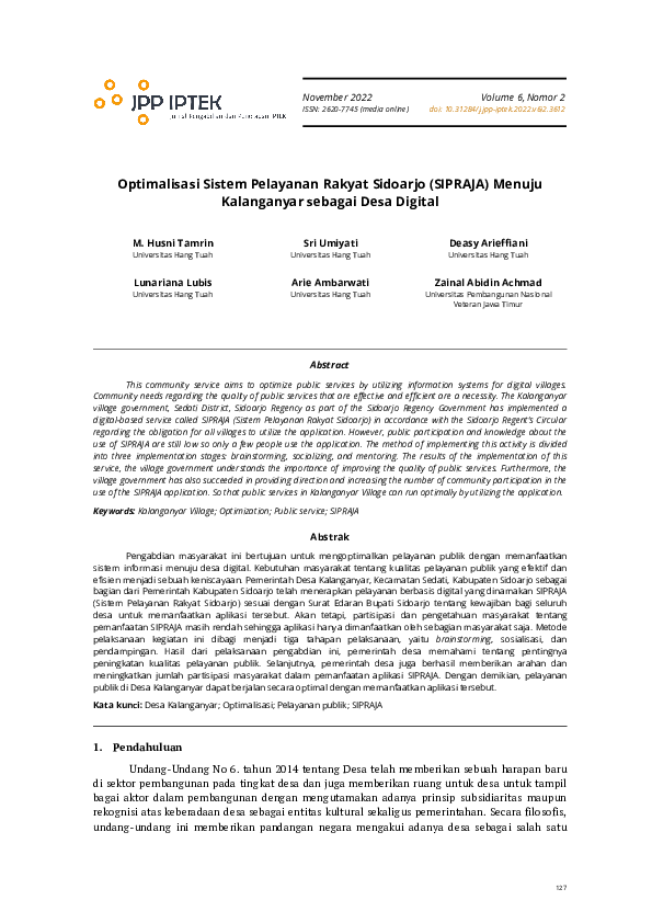 (PDF) Optimalisasi Sistem Pelayanan Rakyat Sidoarjo (SIPRAJA) Menuju Kalanganyar sebagai Desa ...