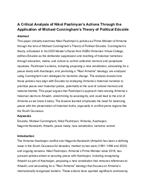 (PDF) A Critical Analysis of Nikol Pashinyan's Actions Through the ...