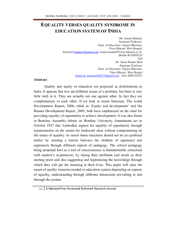 (PDF) EQUALITY VERSES QUALITY SYNDROME IN EDUCATION SYSTEM OF INDIA