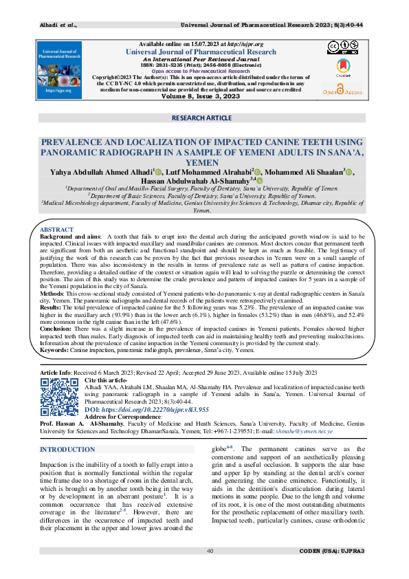 (PDF) Prevalence and Localization of Impacted Canine Teeth Using ...