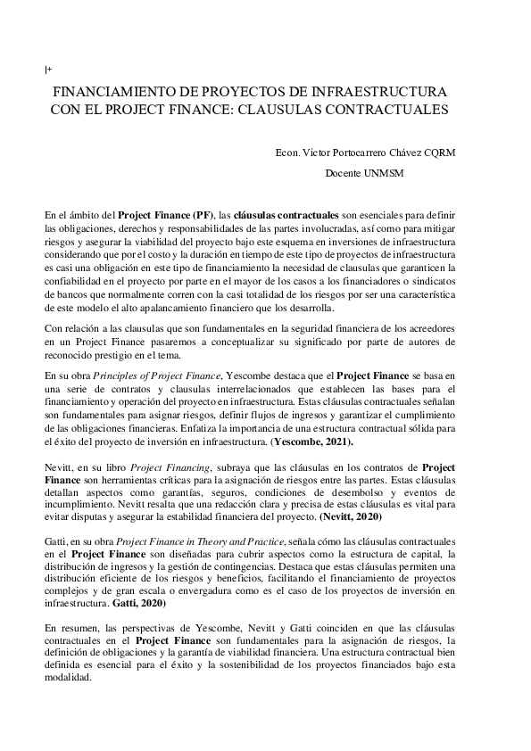 (PDF) FINANCIAMIENTO DE PROYECTOS DE INFRAESTRUCTURA CON EL PROJECT FINANCE: CLAUSULAS CONTRACTUALES