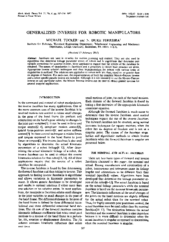 (PDF) Generalized inverses for robotic manipulators