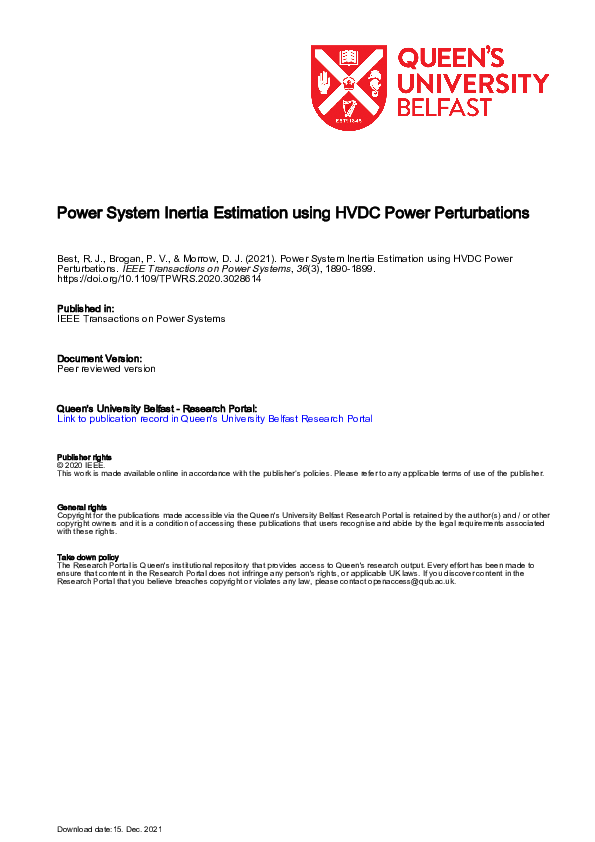 (PDF) Power System Inertia Estimation Using HVDC Power Perturbations