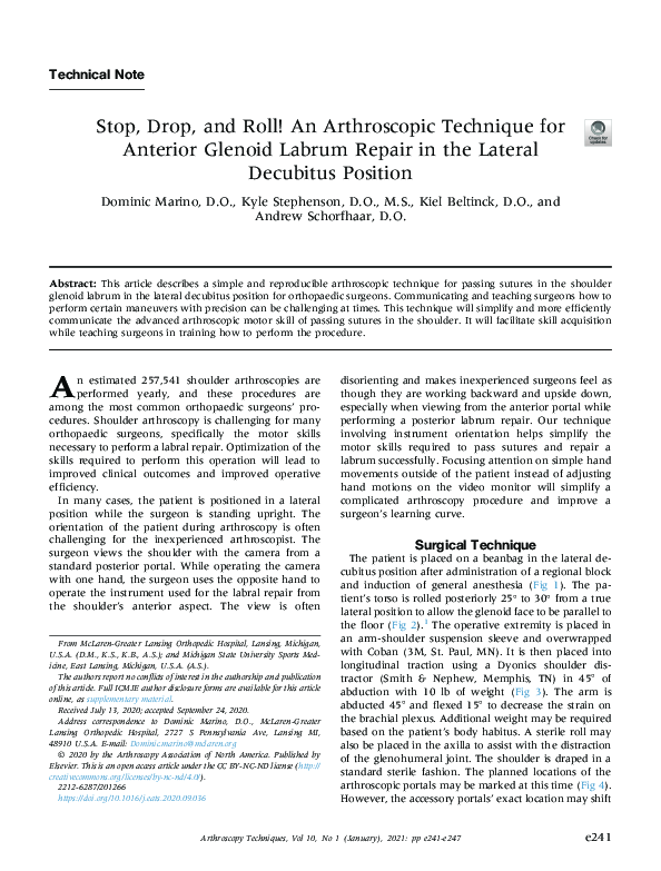 (PDF) Stop, Drop, and Roll! An Arthroscopic Technique for Anterior ...