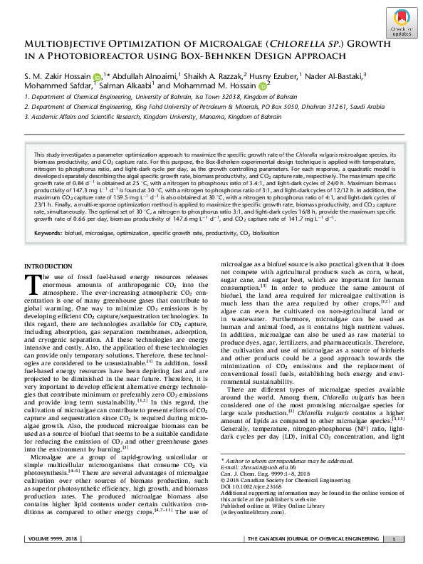 (PDF) Multiobjective optimization of microalgae (Chlorella sp.) growth in a photobioreactor ...